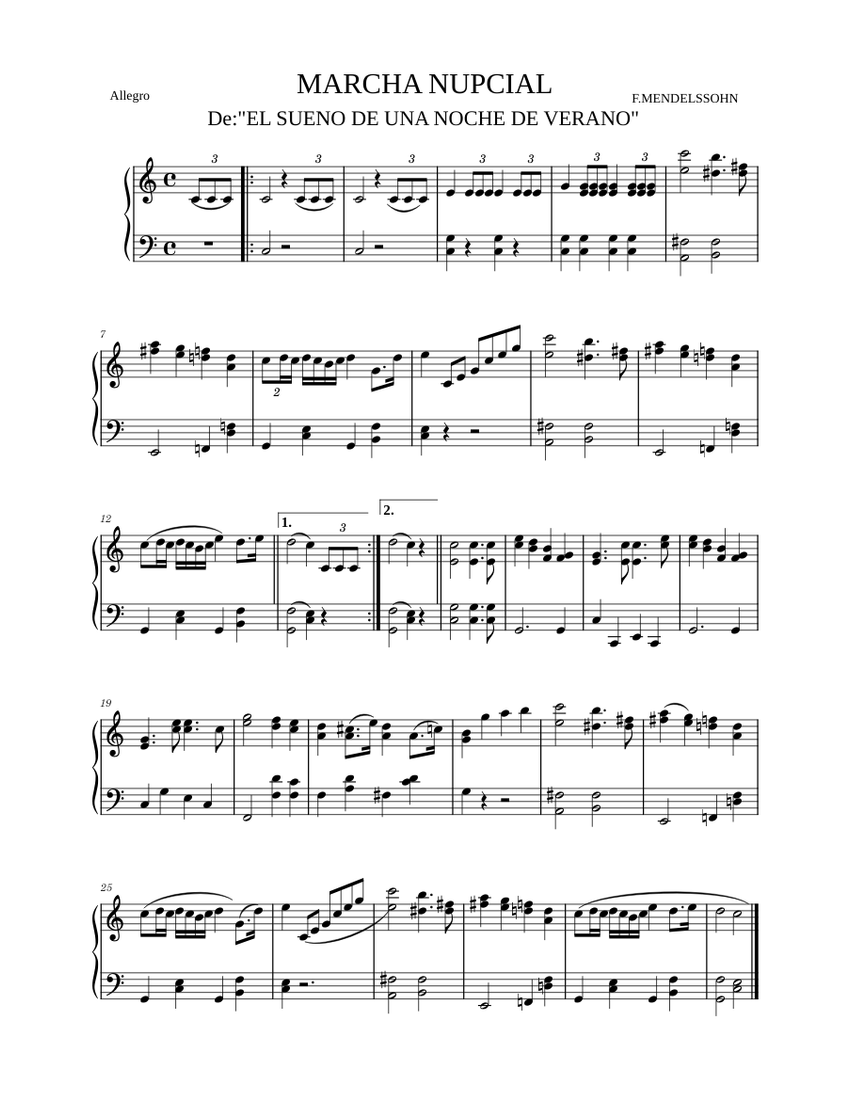 Marcha nupcial – Felix Mendelssohn Sheet Music for Piano (Solo) easy ...