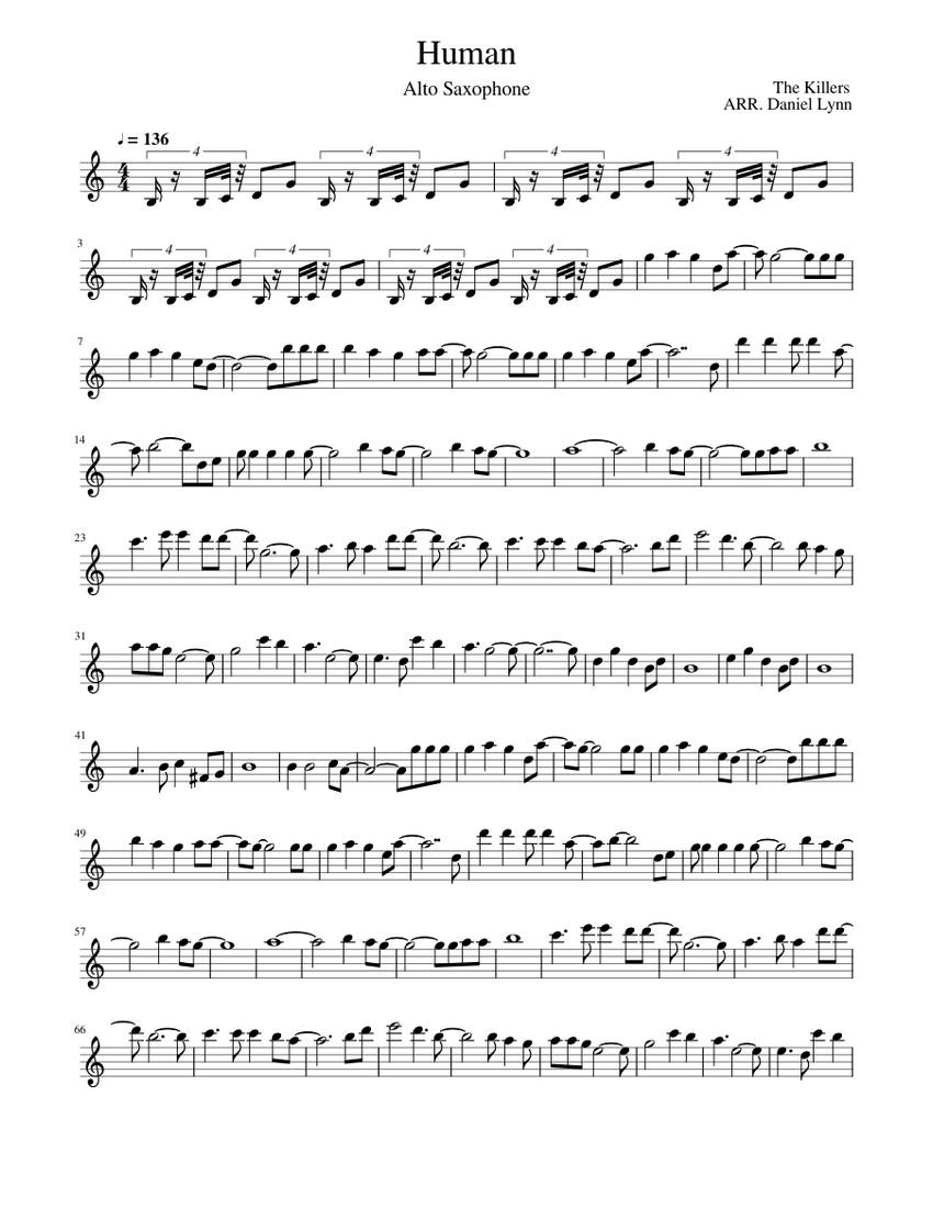 Human - The Killers Sheet Music for Saxophone alto (Solo) | MuseScore.com