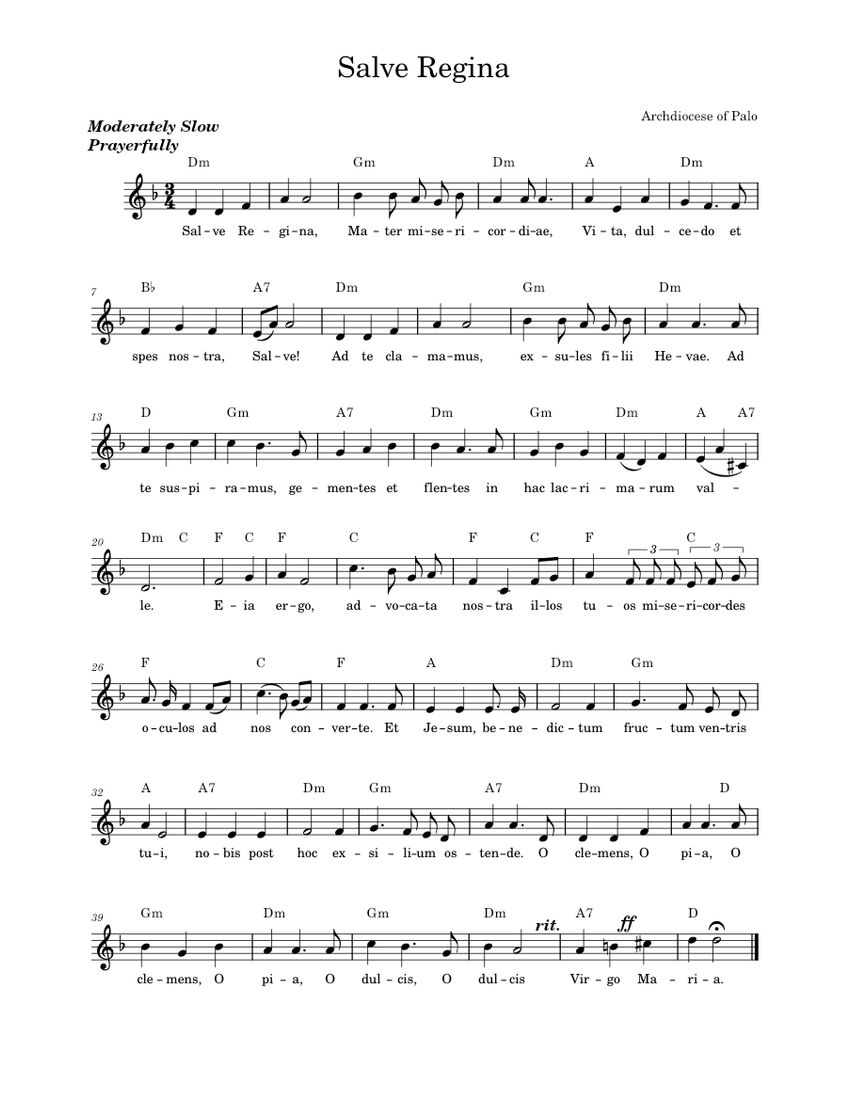 Salve Regina Visayan Tune – Archdiocese of Palo Sheet Music with Chords for Piano (Church Choir ...