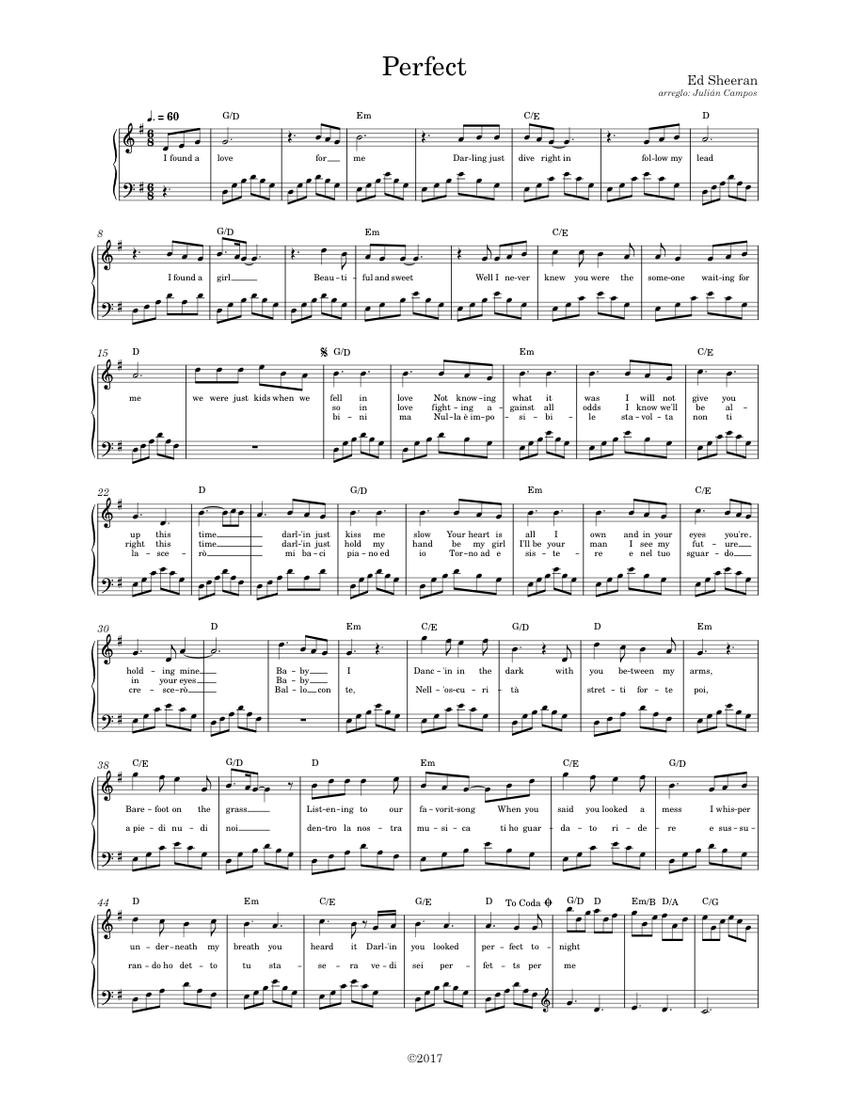 Perfect Sheet Music with Chords for Piano (Piano Duo) Easy | MuseScore.com