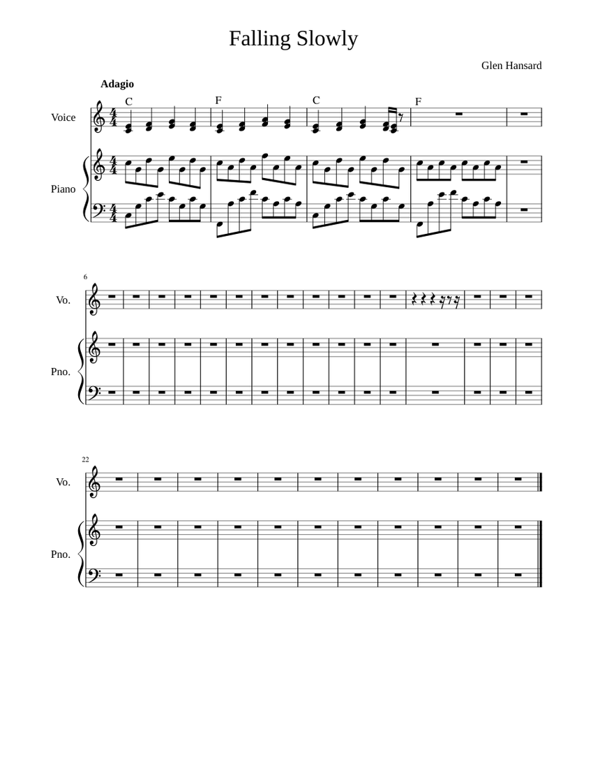 Falling Slowly Sheet Music with Chords for Piano, Voice (other) (Piano ...