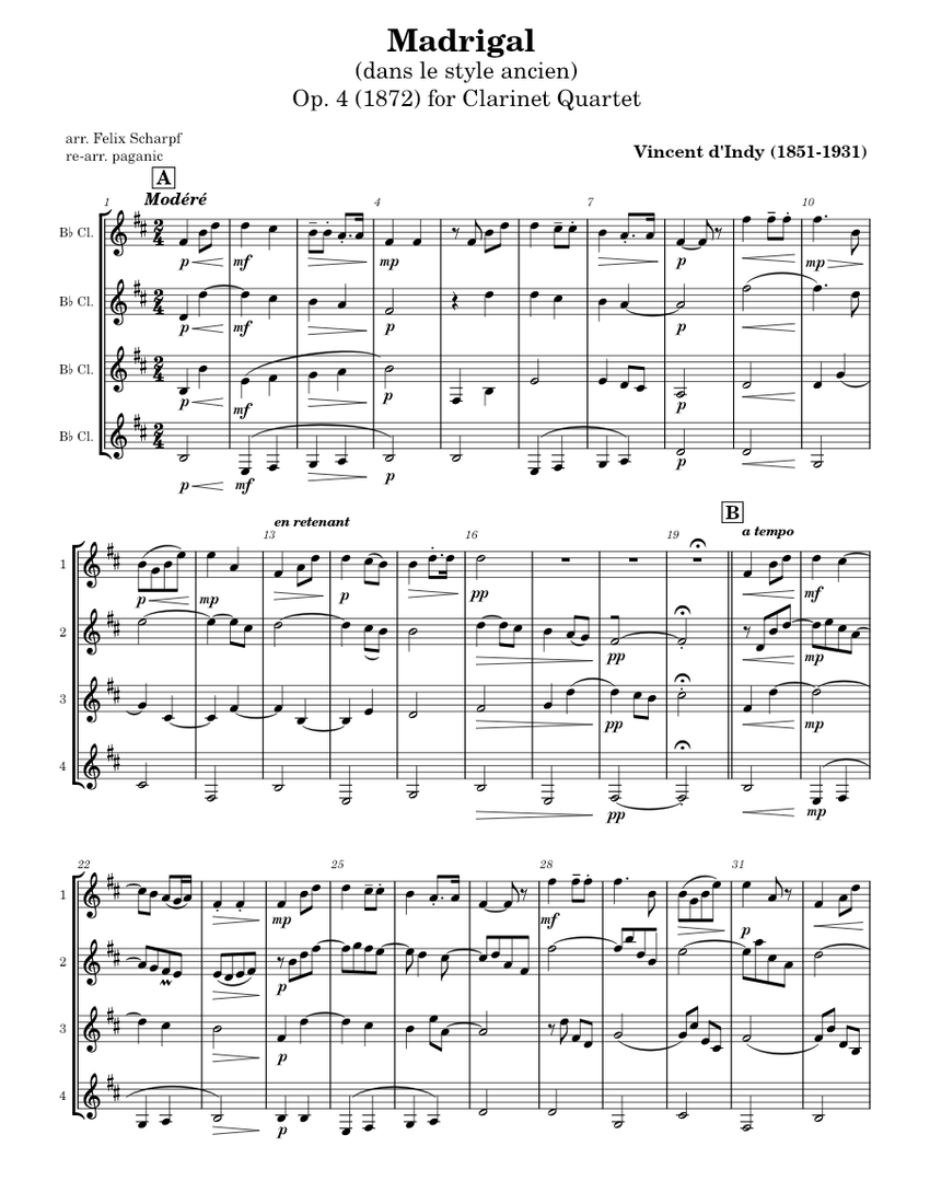 Madrigal Op. 4 for Clarinet Quartet - Vincent d'Indy Sheet music for ...