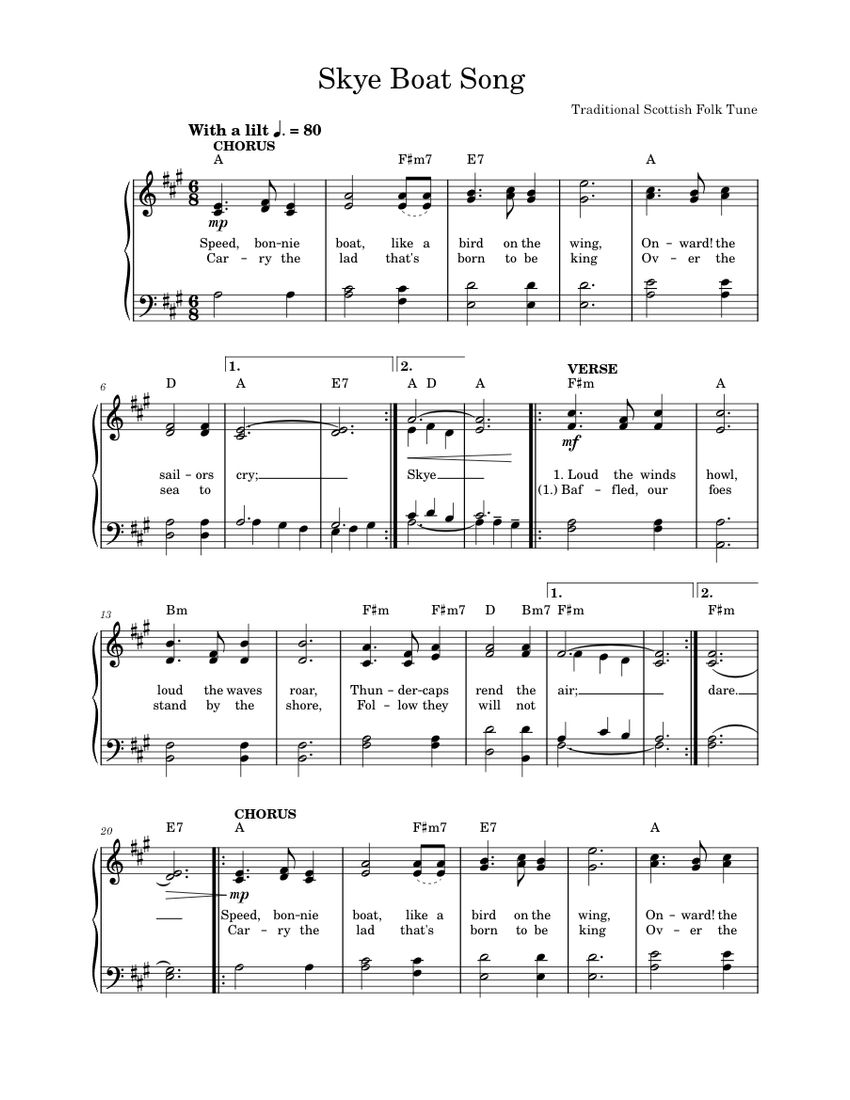 Skye Boat Song Sheet Music with Chords for Piano (Solo) easy ...