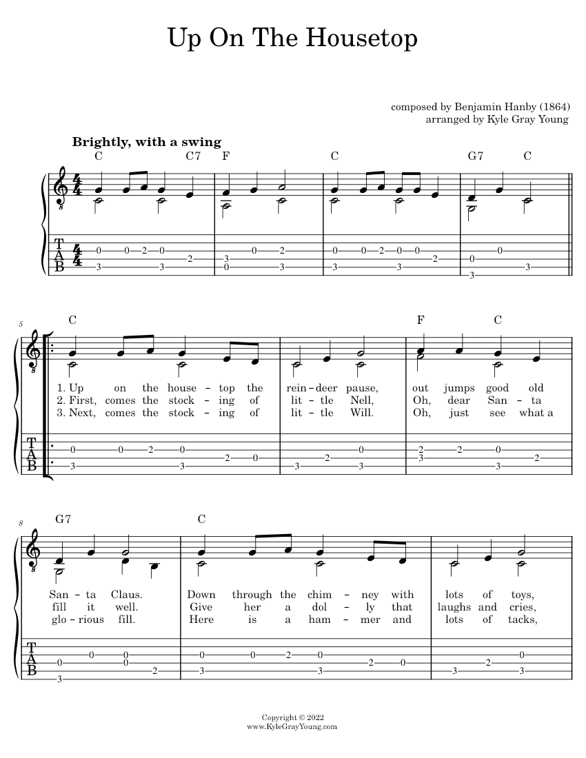 Up On The Housetop – Benjamin Hanby (easy fingerpicking guitar tabs ...