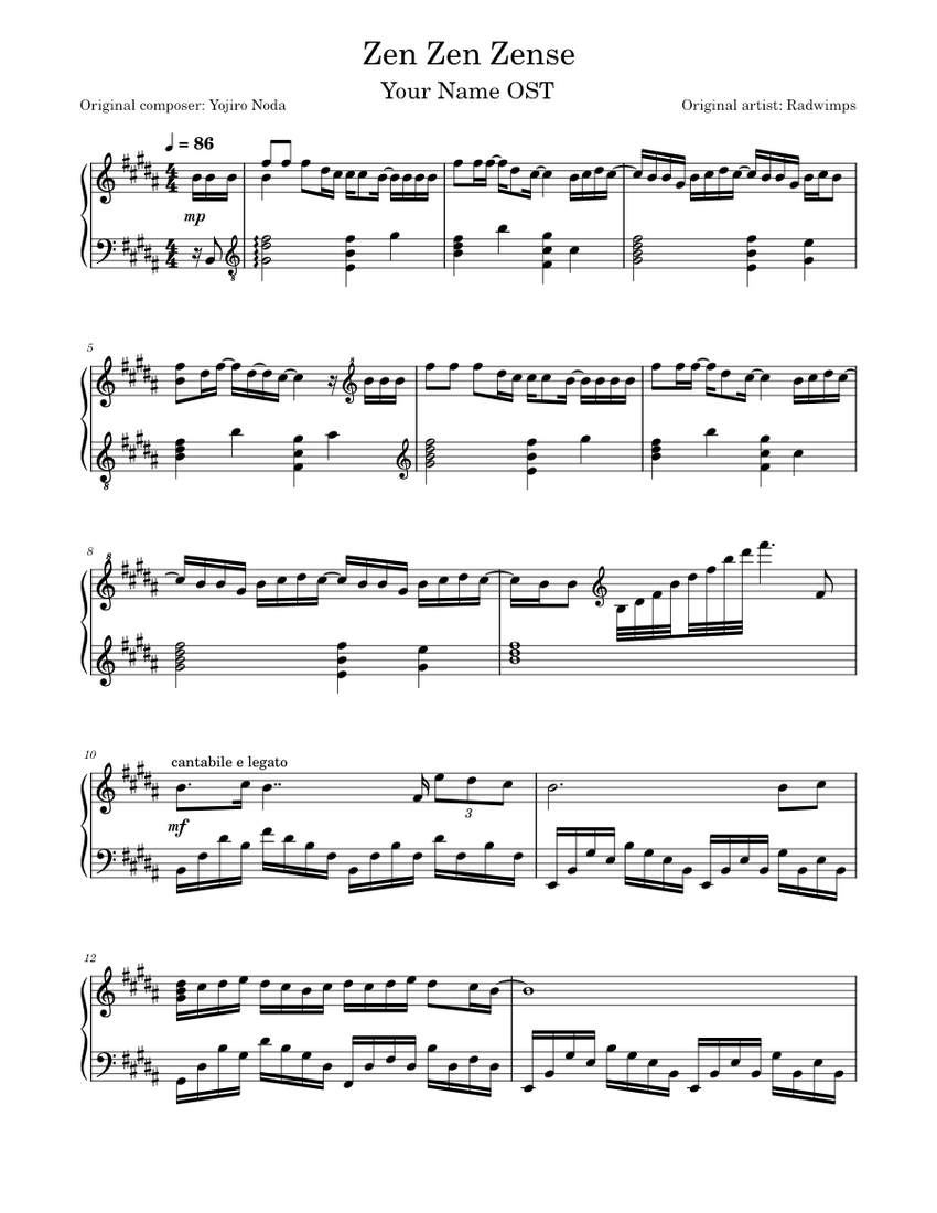 Zen Zen Zense - Your Name OST – RADWIMPS . Sheet Music for Piano (Solo ...