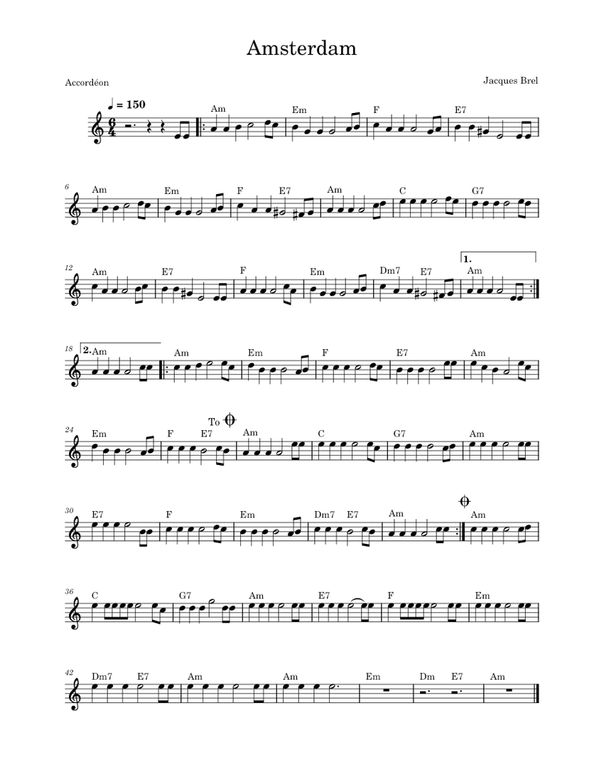 Amsterdam – Jacques Brel Amsterdam Sheet Music for Piano (Solo) Easy ...