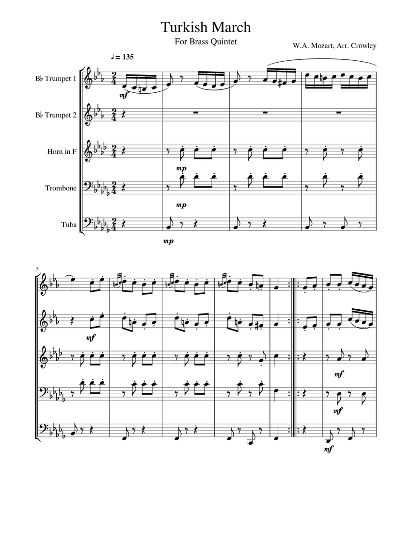 Turkish March in Db Sheet Music for Trombone, Tuba, Trumpet in b-flat ...