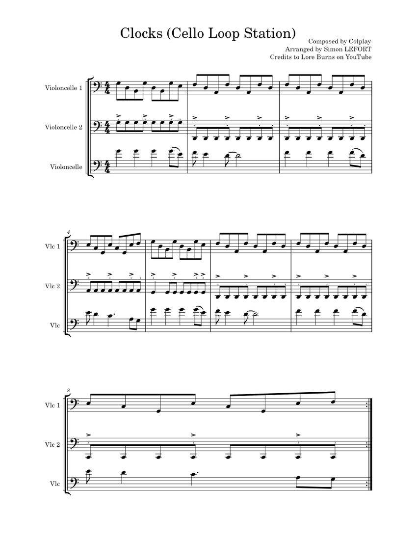 Clocks – Coldplay (Cello Loop Station) Sheet Music for Cello (String Ensemble) | MuseScore.com
