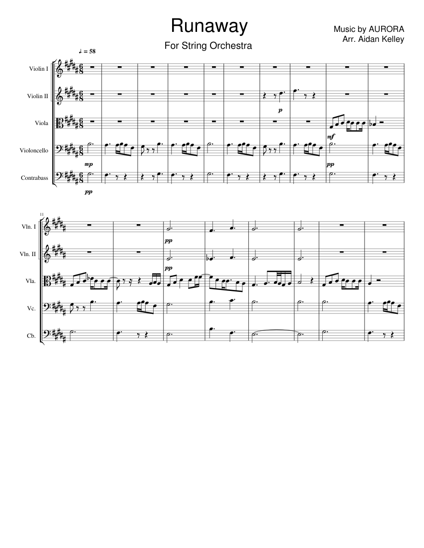 Runaway By Aurora Sheet Music For Contrabass Violin Viola Cello