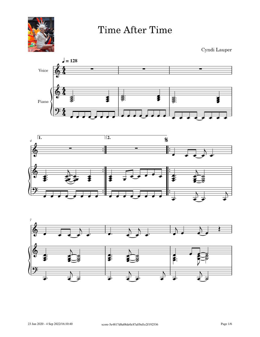 Time after time – Cyndi Lauper Sheet Music for Piano (Piano-Voice ...