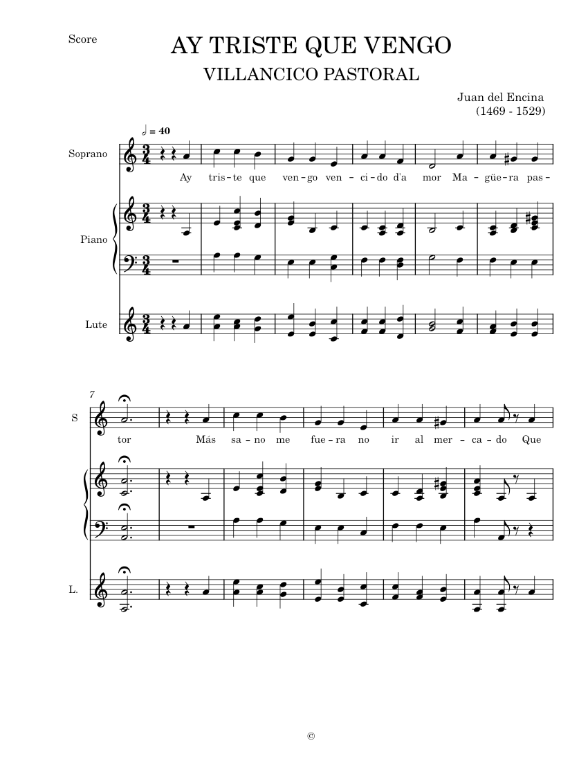 Ay triste que vengo – Juan del Encina Sheet music for Piano, Soprano ...