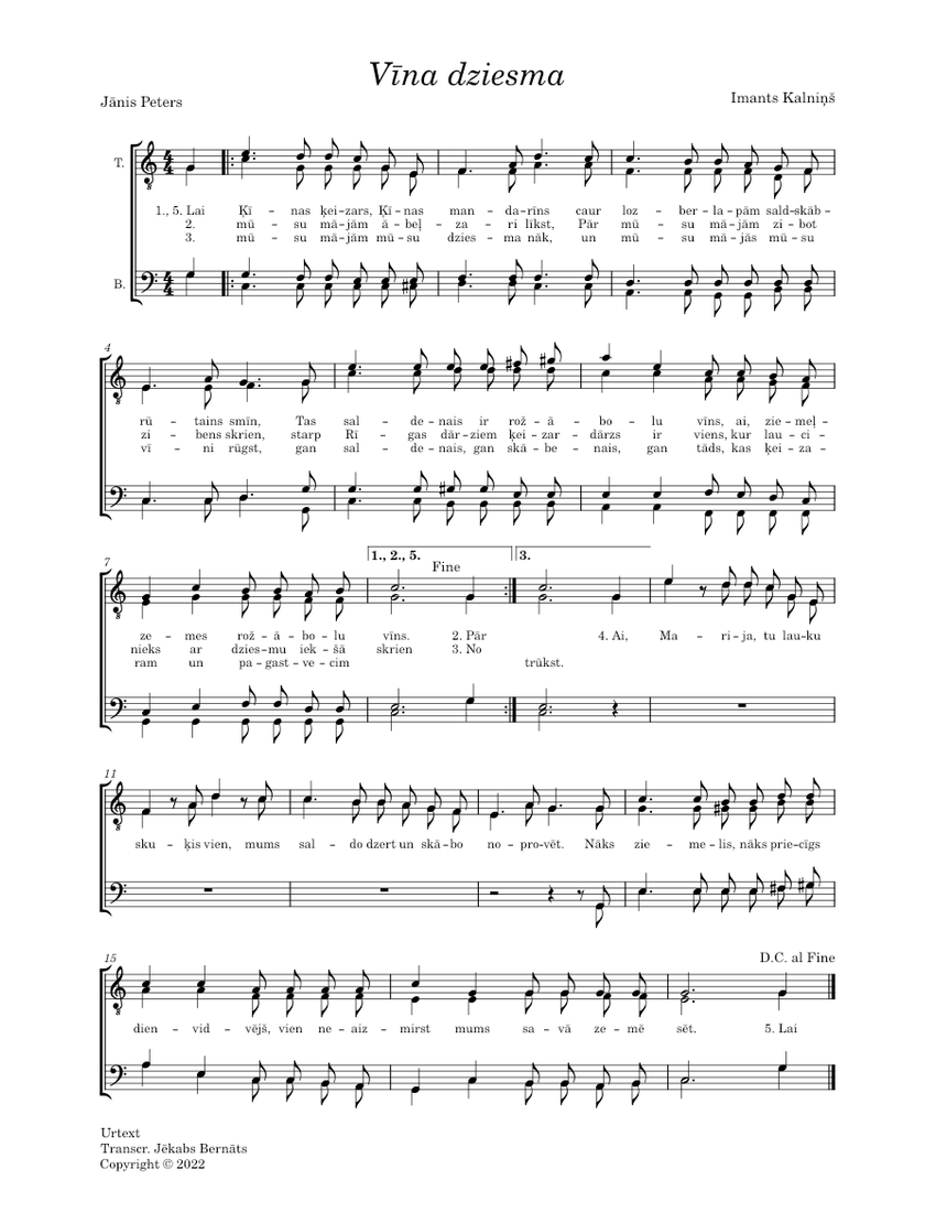 Vīna dziesma – Imants Kalniņš Sheet music for Tenor, Bass voice (Men’s ...