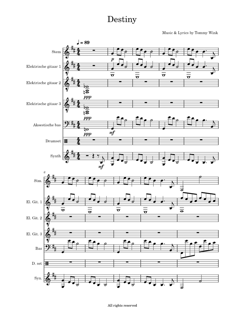 8 Destiny Sheet Music for Vocals, Guitar, Bass guitar, Drum group ...