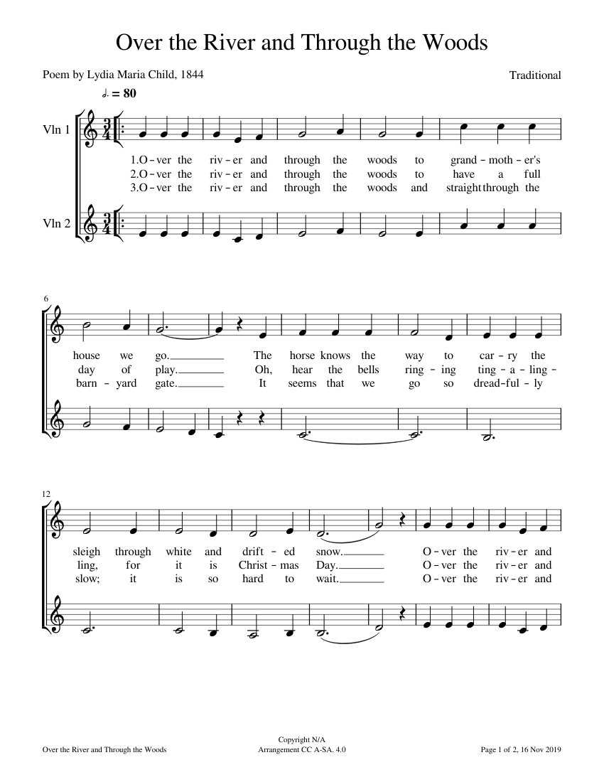 Over the River and Through the Woods Sheet Music for Violin (String ...