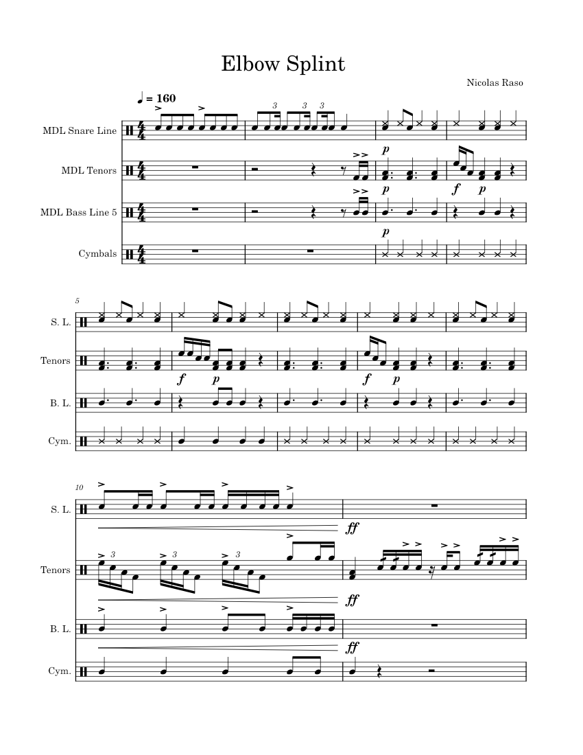 Elbow Splint Sheet music for Snare drum, Crash, Tenor drum, Bass drum ...