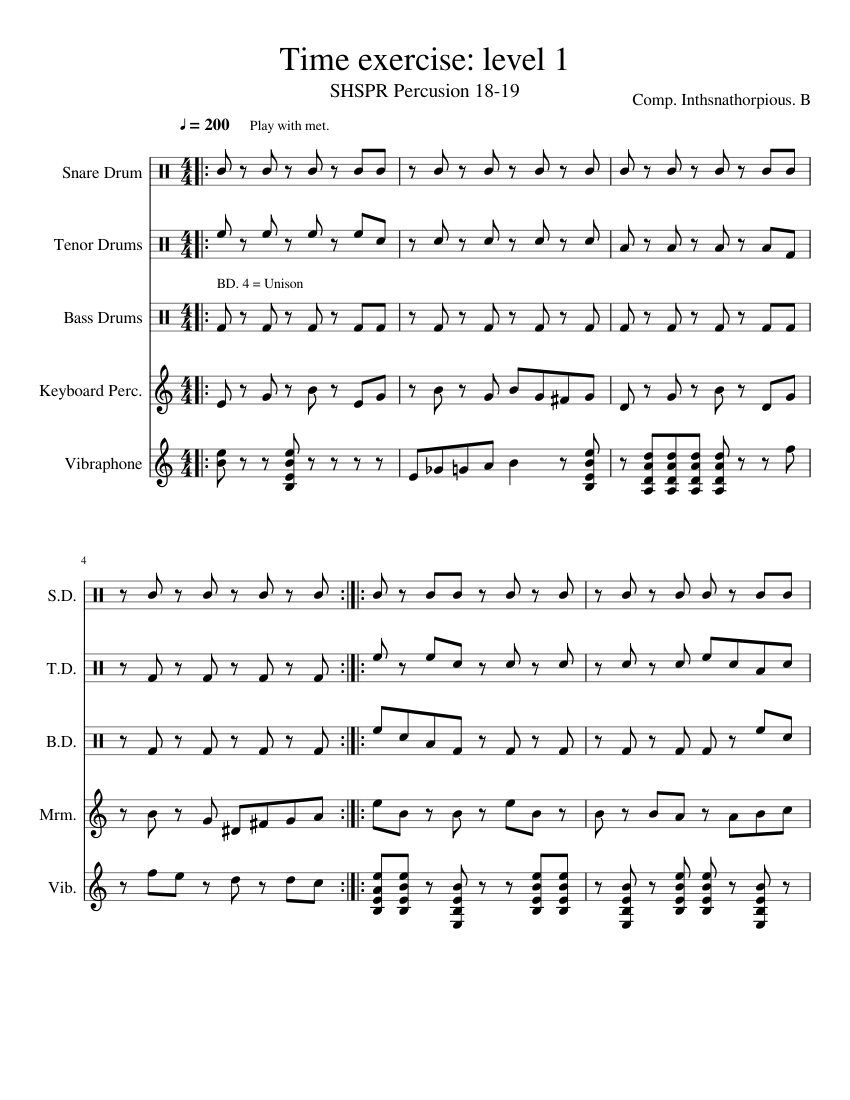 Time exercise: level 1 Sheet music for Vibraphone, Snare drum, Tenor drum, Bass drum & more ...
