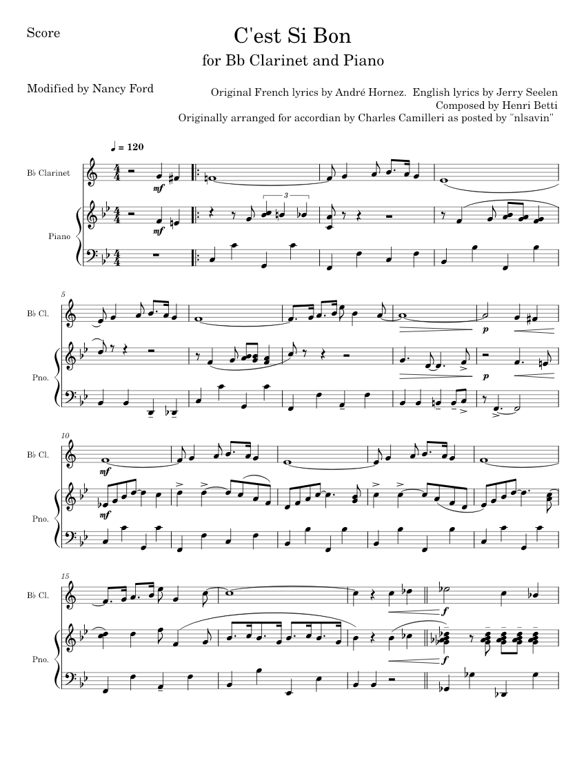 C'est Si Bon – Henri Betti (Bb Clarinet and Piano) Sheet Music for Piano, Clarinet in b-flat ...