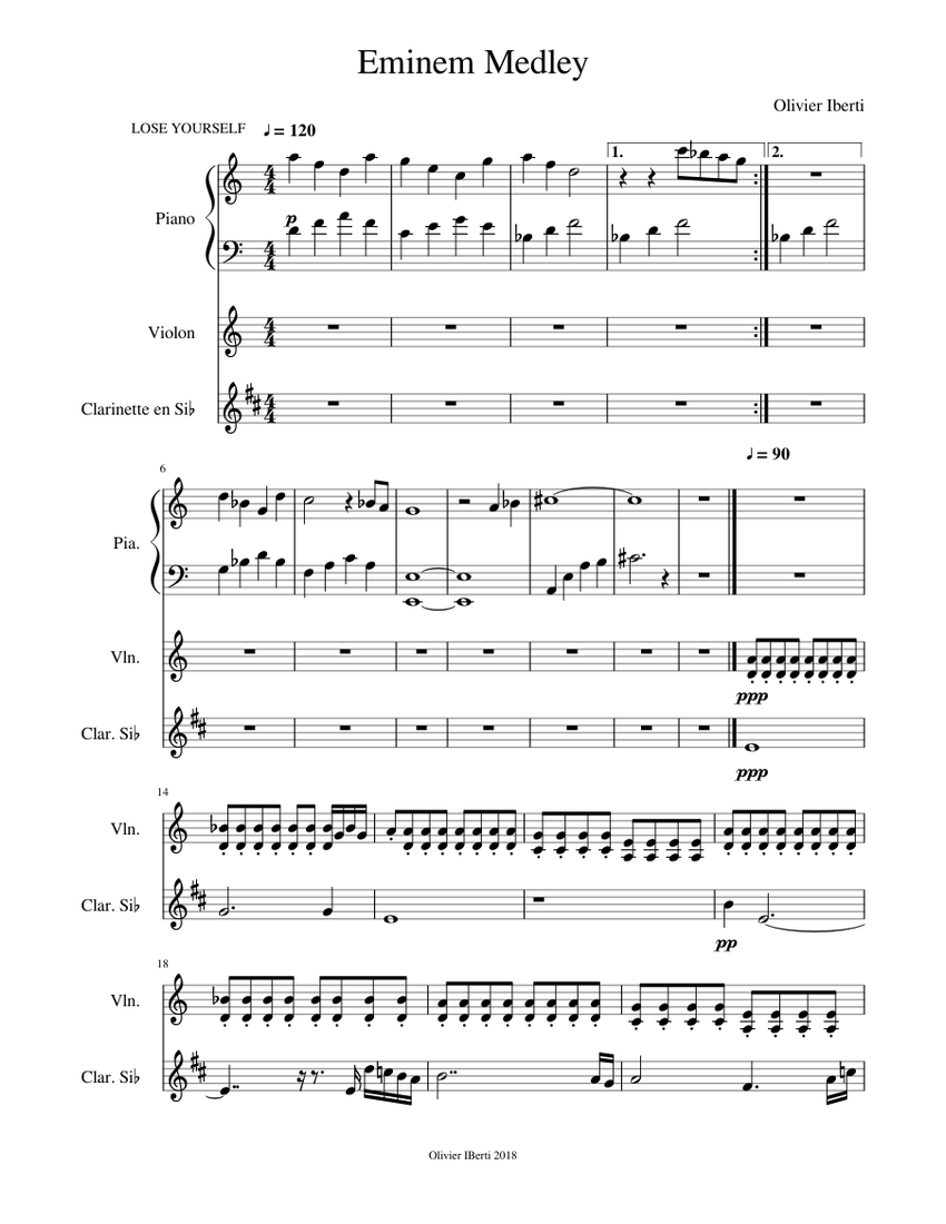 Eminem Medley Sheet Music for Piano, Clarinet in b-flat, Violin (Mixed ...