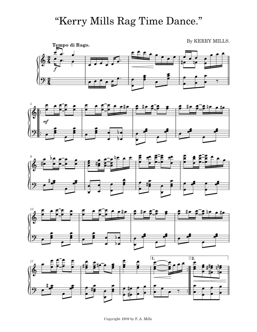 Kerry Mills Ragtime Dance (1909) Sheet music for Piano (Solo ...