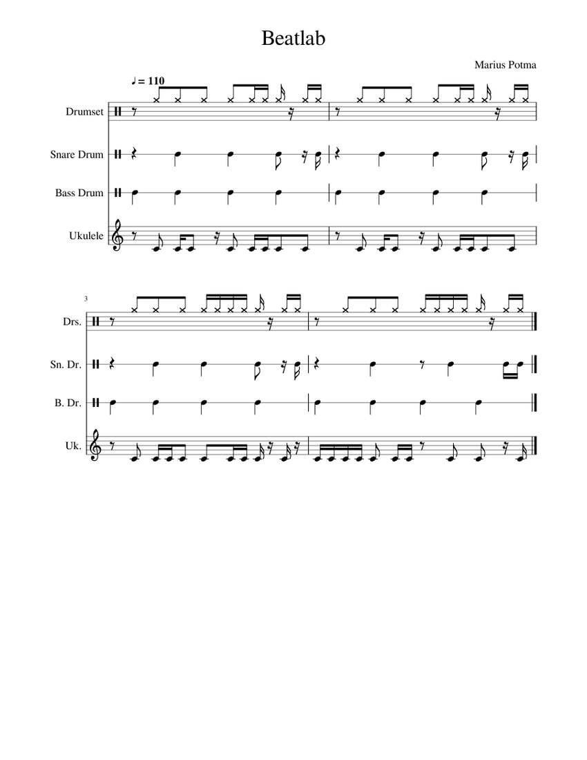 AMC Beatlab Sheet music for Snare drum, Drum group, Bass drum, Ukulele (Mixed Quartet ...