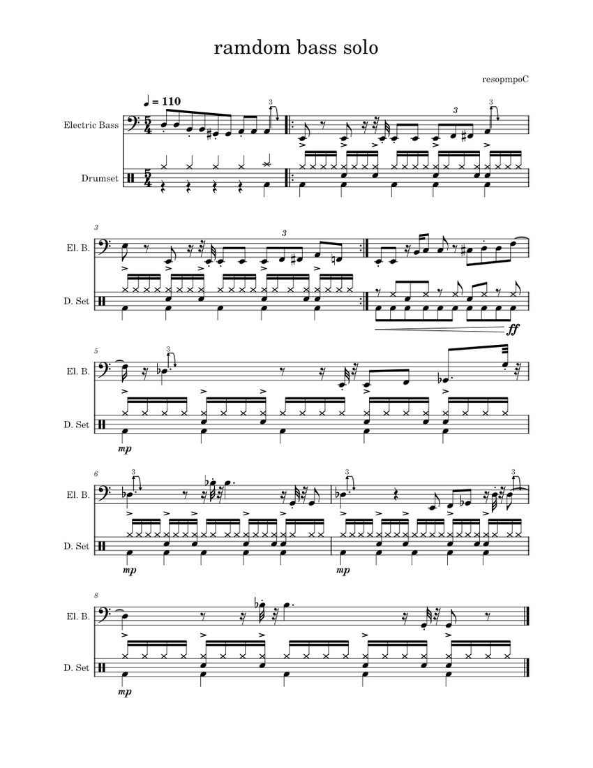 bass solo Sheet music for Bass guitar, Drum group (Mixed Duet ...