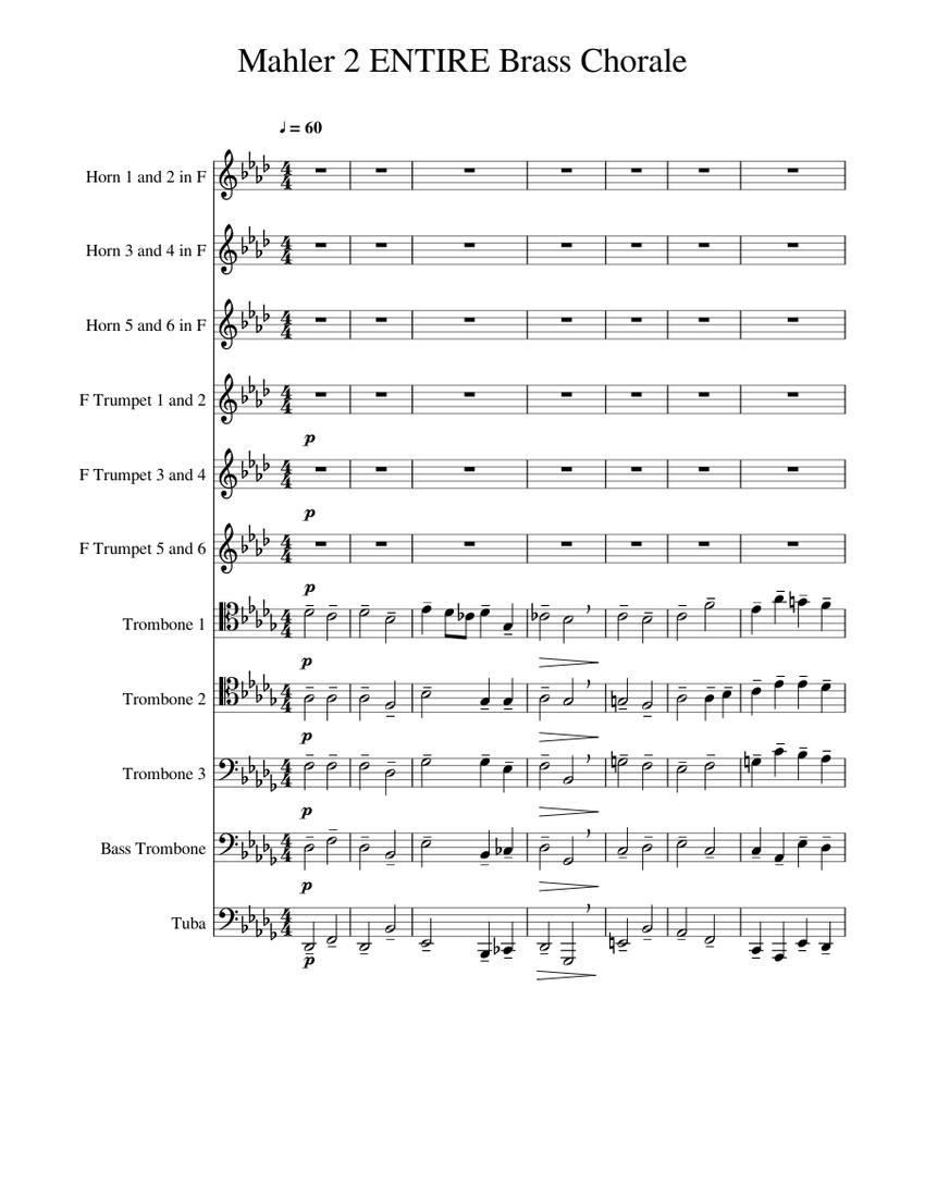 Mahler 2 ENTIRE Brass Chorale Sheet Music for Trombone, Tuba, Trombone bass, French horn & more ...