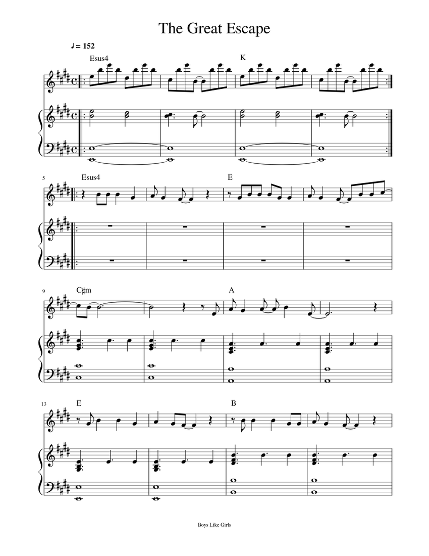 The Great Escape Sheet Music with Chords for Piano (Piano Duo ...