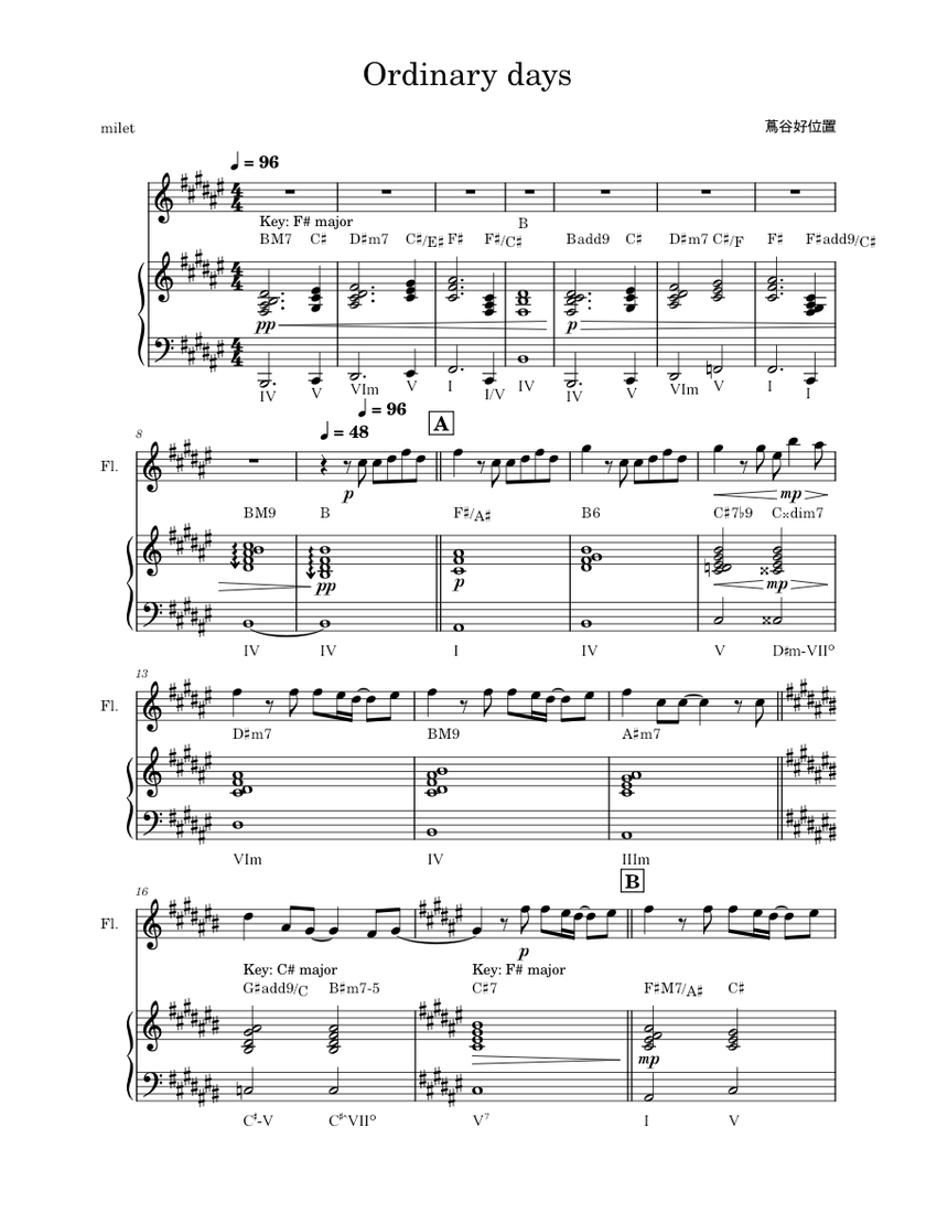 Ordinary days Sheet music for Piano, Flute (Piano-Voice) | Musescore.com
