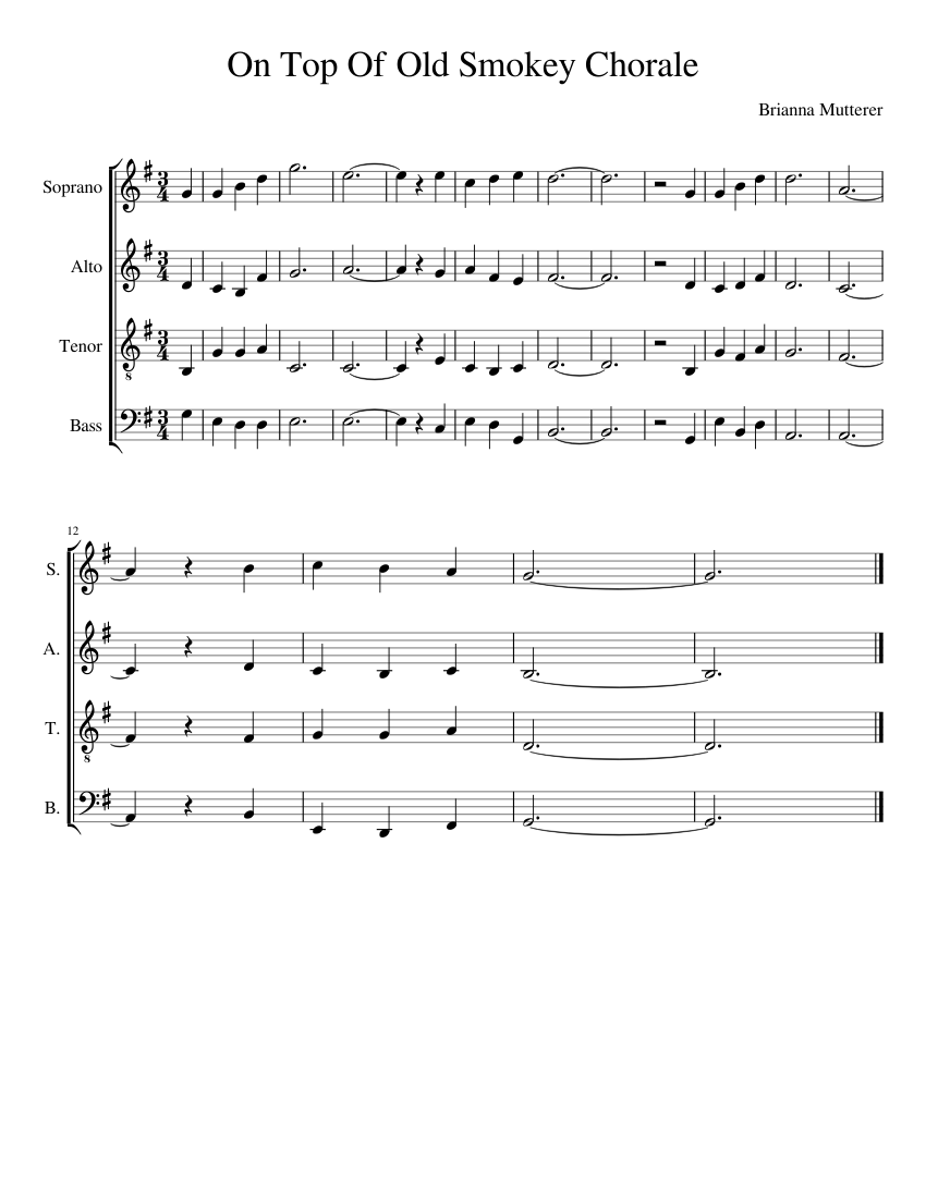 On Top Of Old Smokey Chorale Sheet music for Soprano, Alto, Tenor, Bass ...