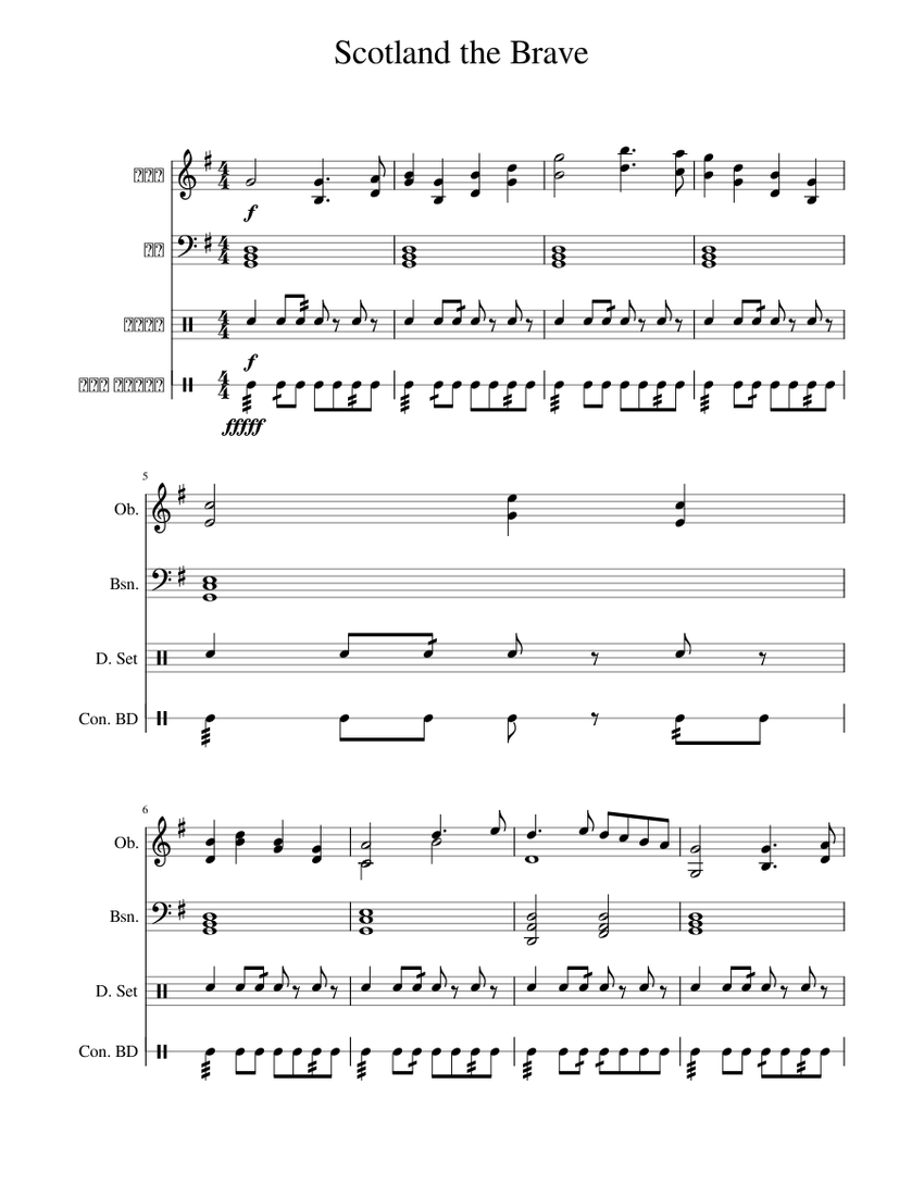 Scotland the Brave Sheet Music for Oboe, Bassoon, Drum group, Bass drum ...