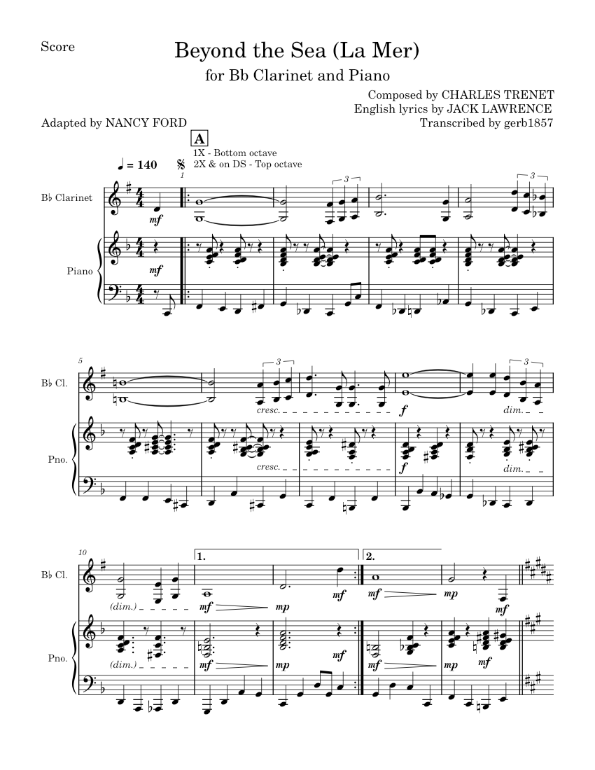 Beyond the Sea (La Mer) – Charles Trenet (Bb Clarinet and Piano ...