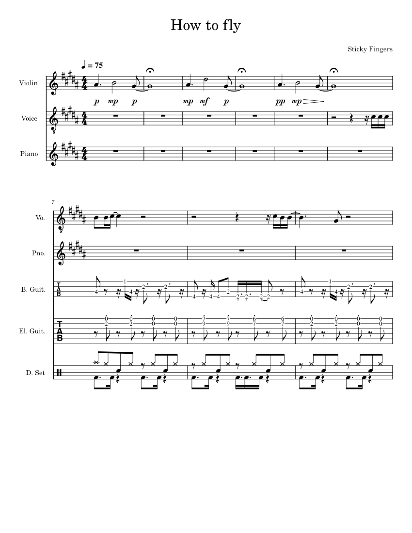 How to fly – Sticky Fingers Sheet Music and Tab for Piano, Vocals ...