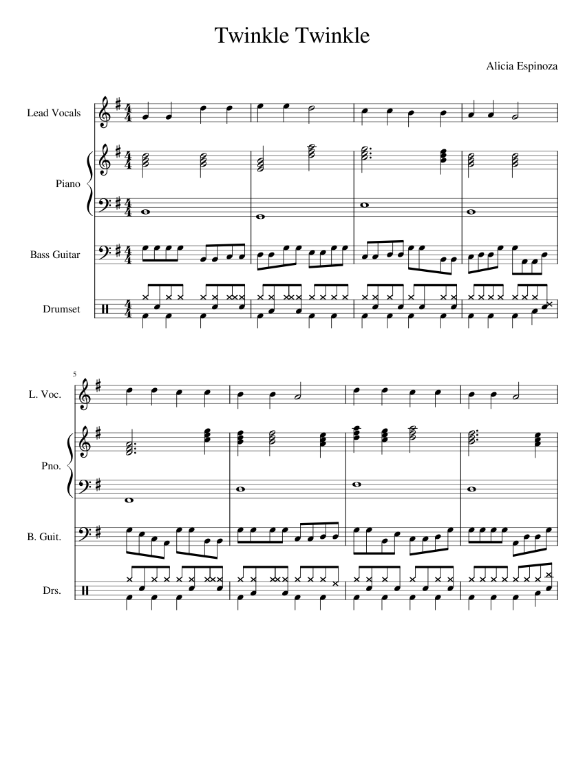 Twinkle Twinkle Sheet Music for Piano, Vocals, Bass guitar, Drum group ...