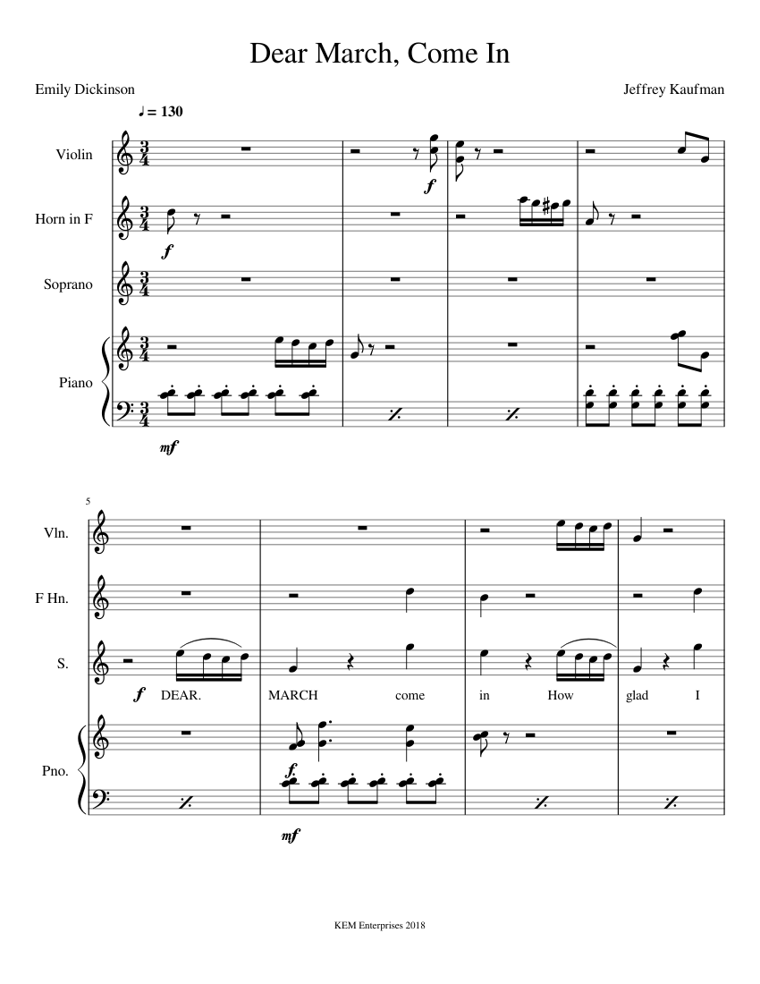 Dear March, Come In Sheet music for Piano, Soprano, French horn, Violin ...