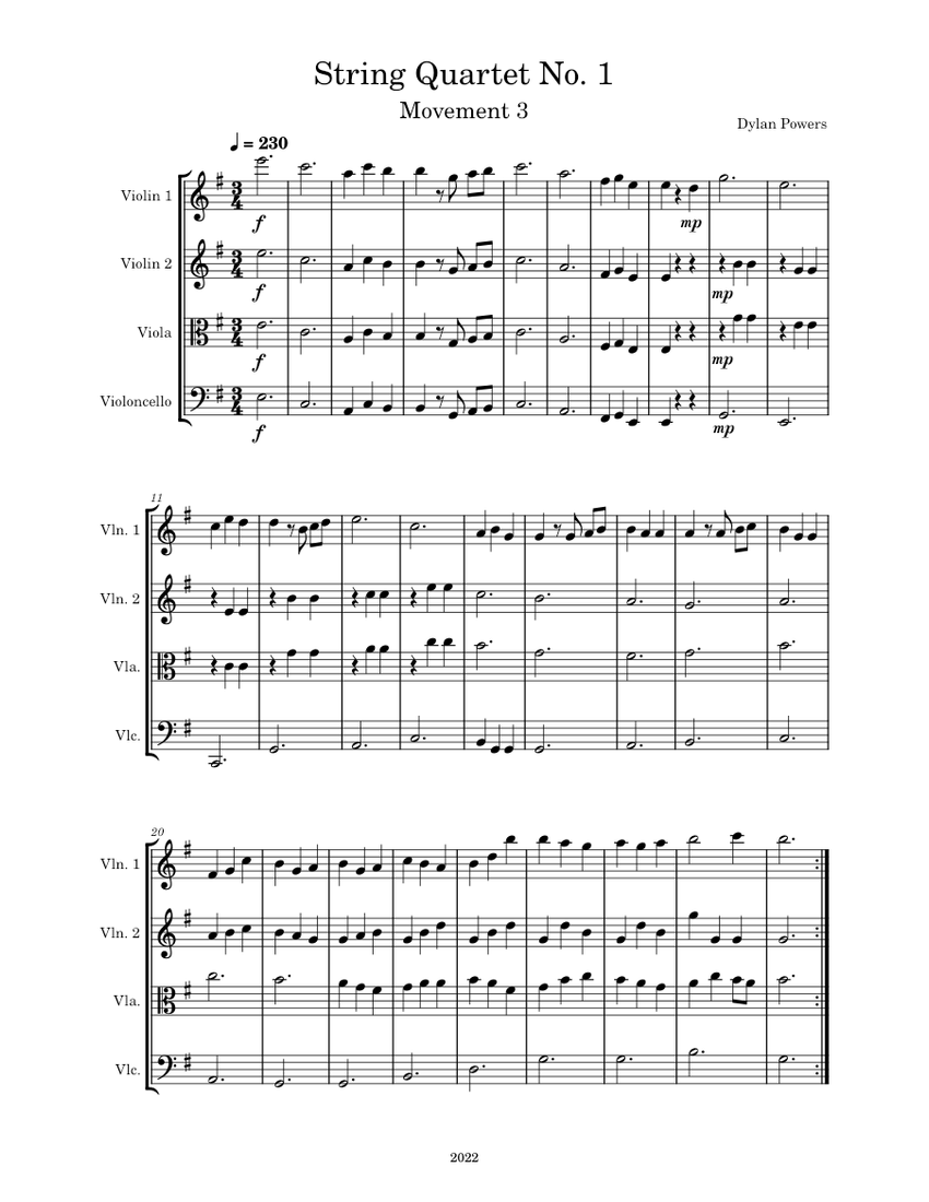String Quartet No. 1 Movement 3 Sheet music for Violin, Viola, Cello (String Quartet ...