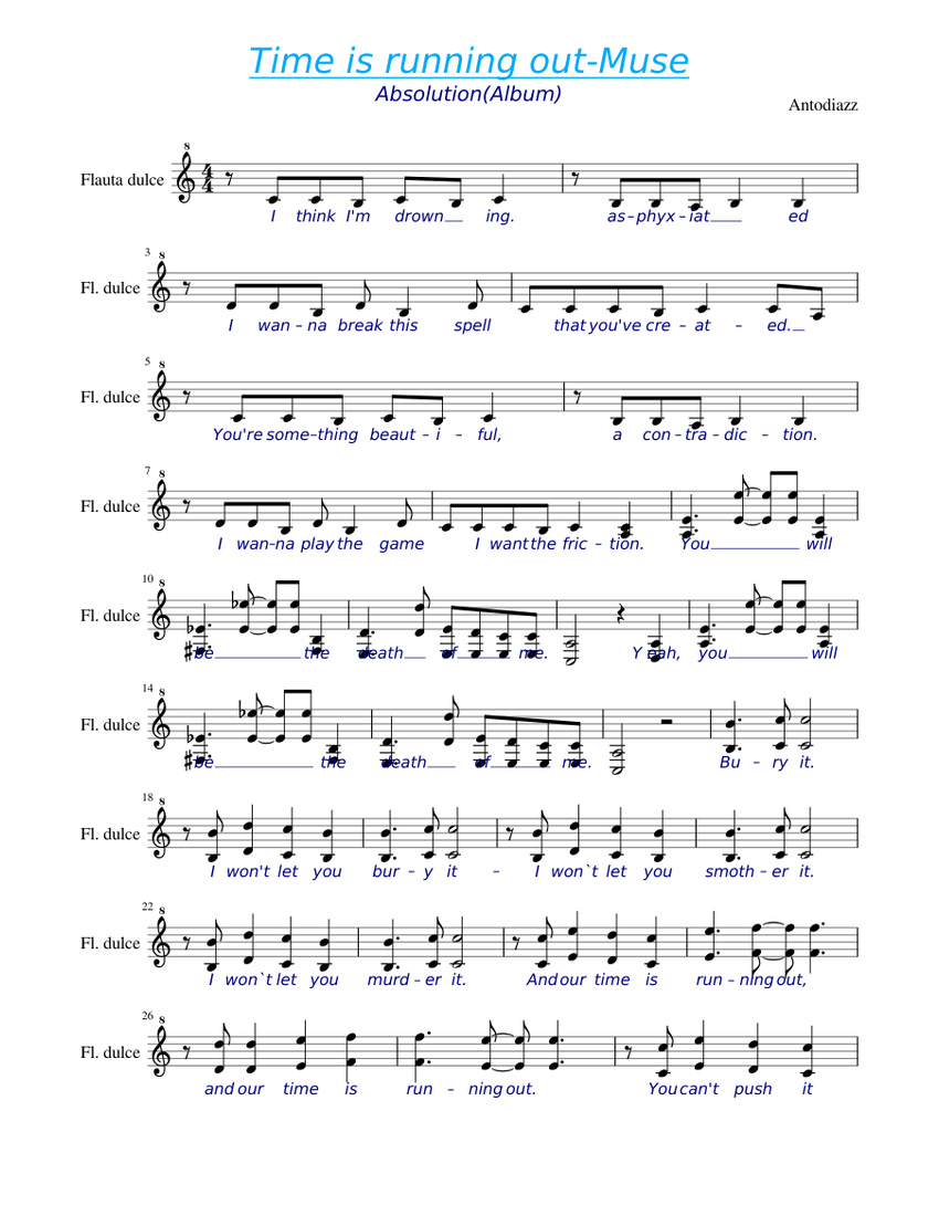 Time is running out-Muse Sheet Music for Piano, Recorder (Solo ...