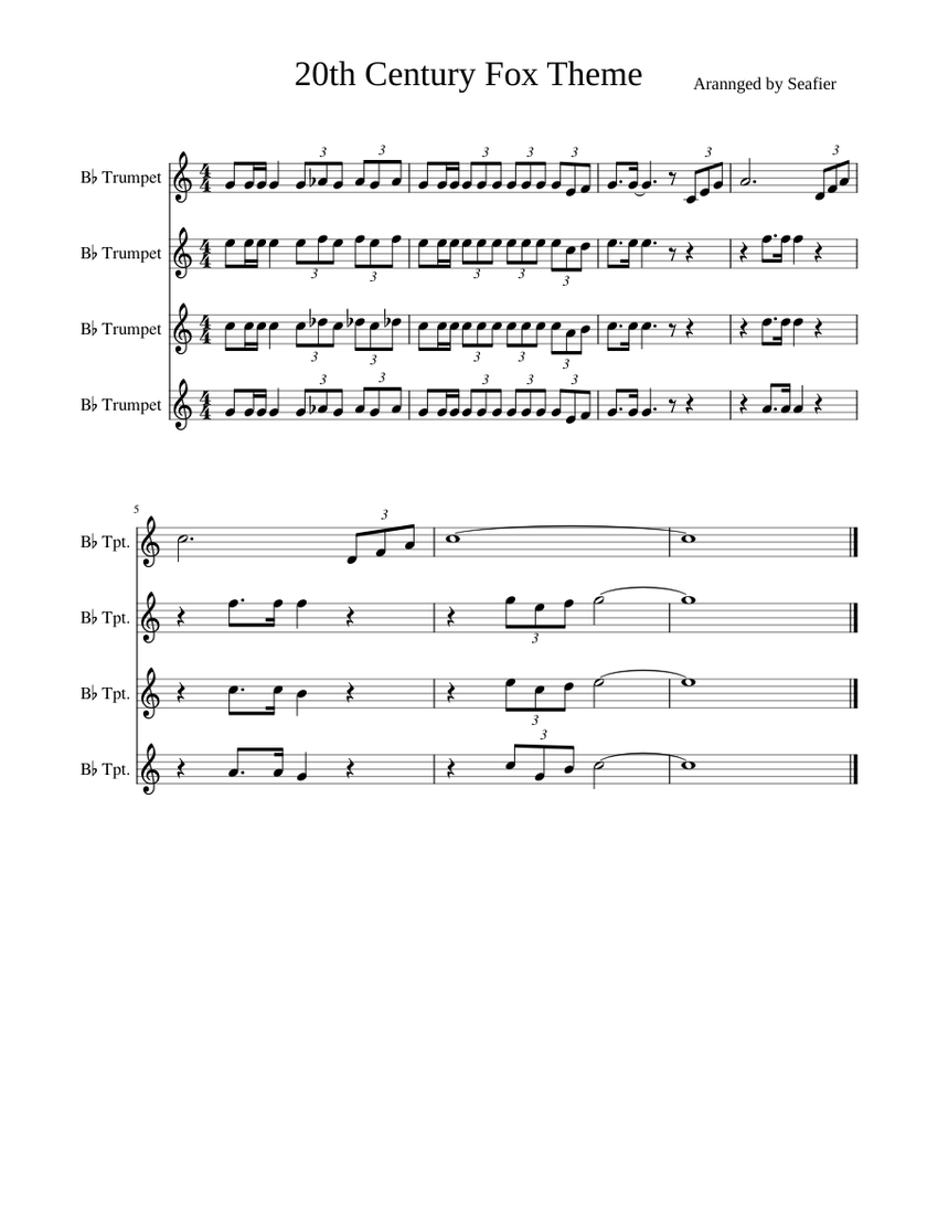 20th Century Fox Theme Sheet Music for Trumpet in b-flat (Brass Quartet ...