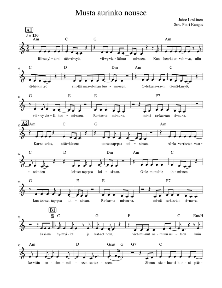 Musta aurinko nousee - Juice Leskinen (a-molli) Sheet music for Piano (Solo) | Musescore.com
