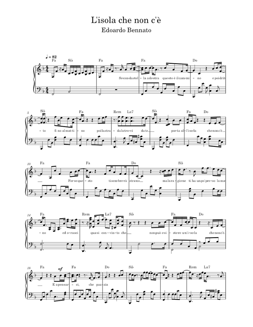 L'Isola che non c'è – Edoardo Bennato Sheet Music for Piano, Bass ...