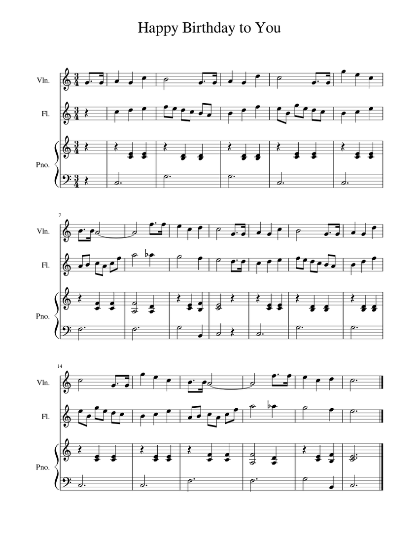 Happy Birthday to You Sheet music for Piano, Flute, Violin (Chamber ...