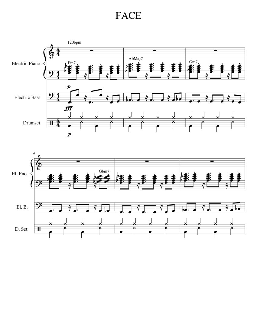 FACE 3.4ths time Sheet music for Piano, Bass guitar, Drum group (Mixed ...