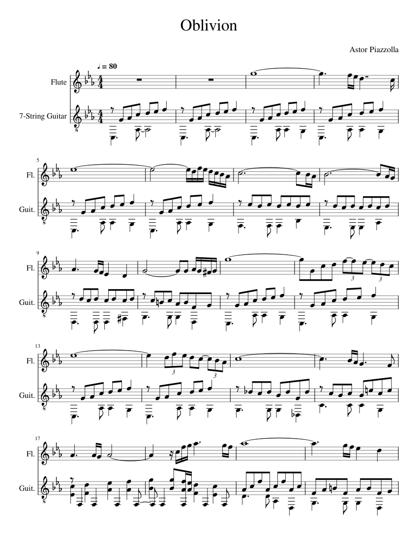 Oblivion (A.Piazzolla) Sheet music for Flute, Guitar (Mixed Duet) | Musescore.com