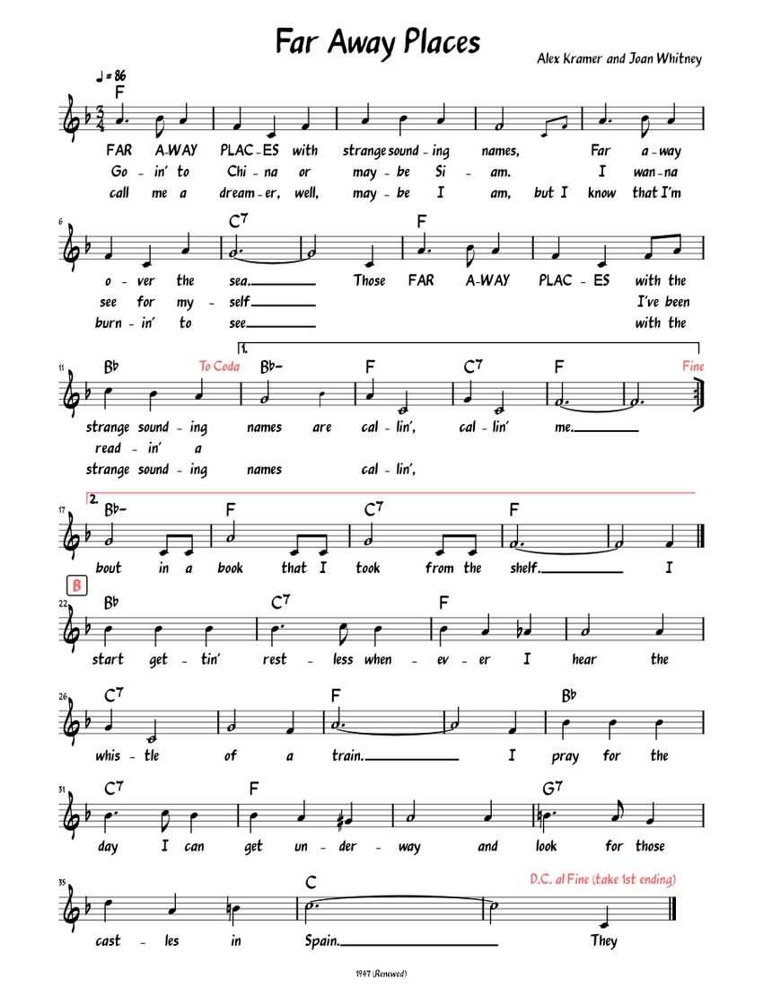 Far Away Places (Lead sheet with lyrics ) Sheet Music with Chords for ...