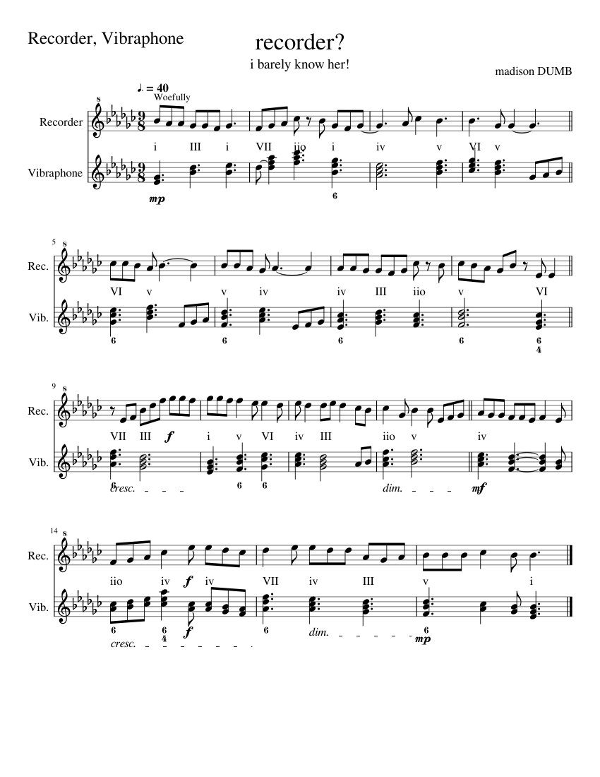 recorder? Sheet Music with Chords for Vibraphone, Recorder (Mixed Duet ...