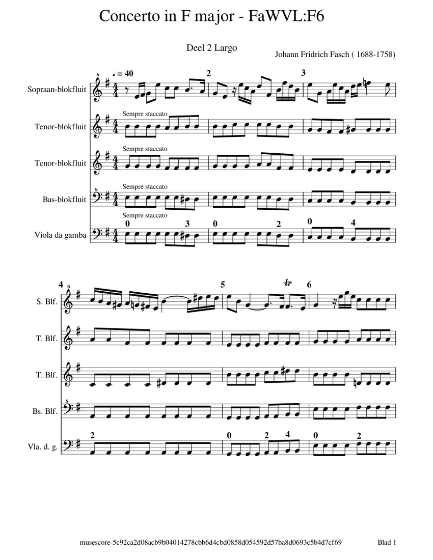 Fasch Johann Friedrich Concerto in F major Deel 2 Largo Sheet Music for ...