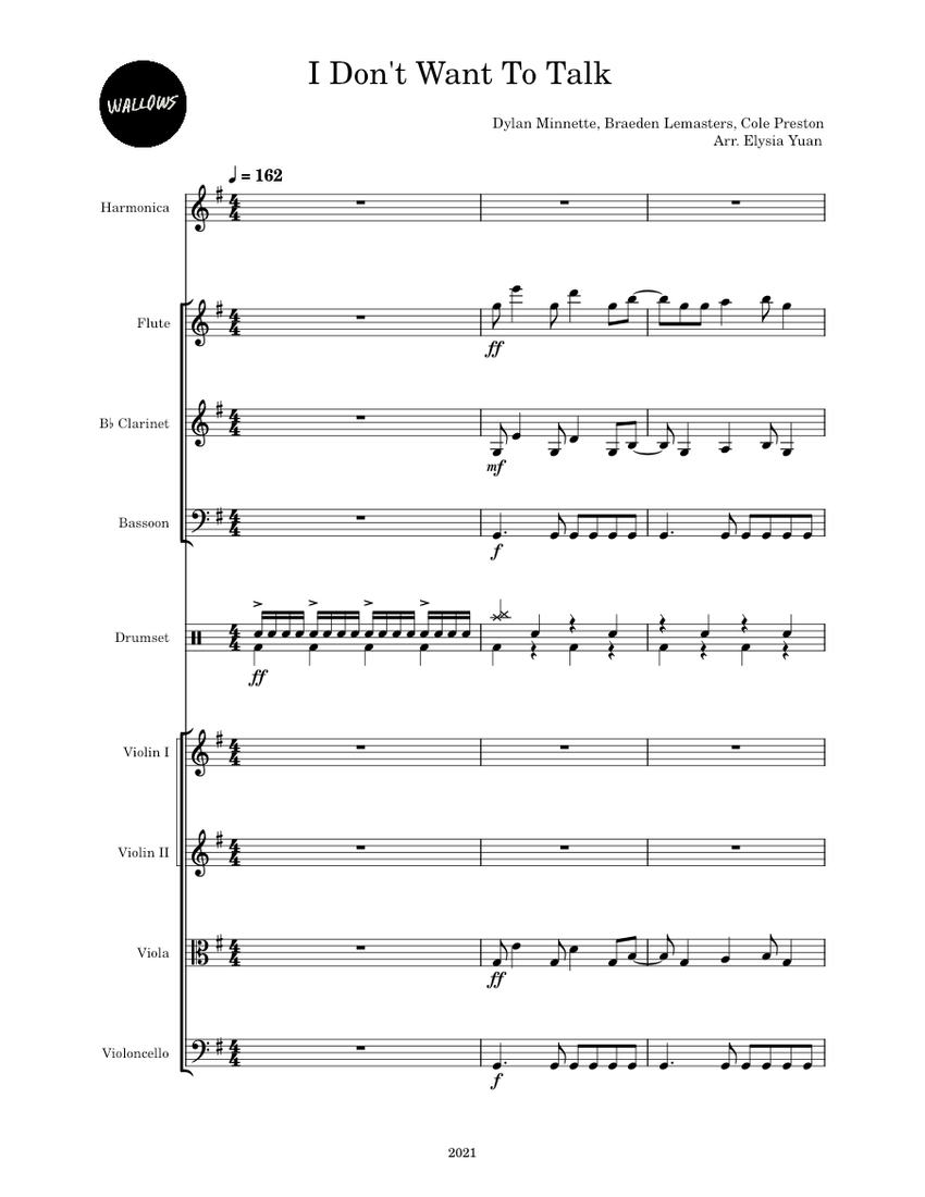 I Don't Want To Talk - Wallows Sheet Music for Flute, Clarinet in b ...
