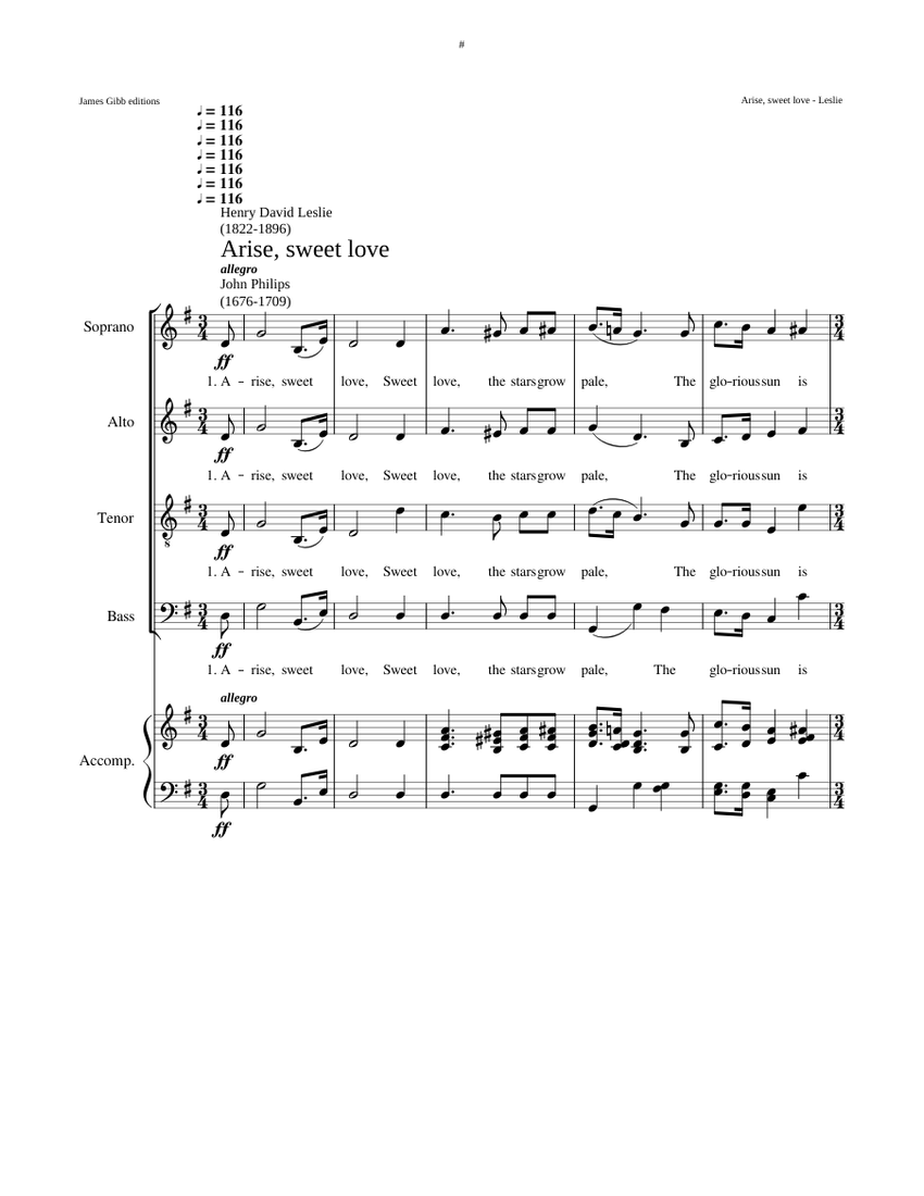 Arise, sweet love - Henry David Leslie Sheet music for Bass guitar ...