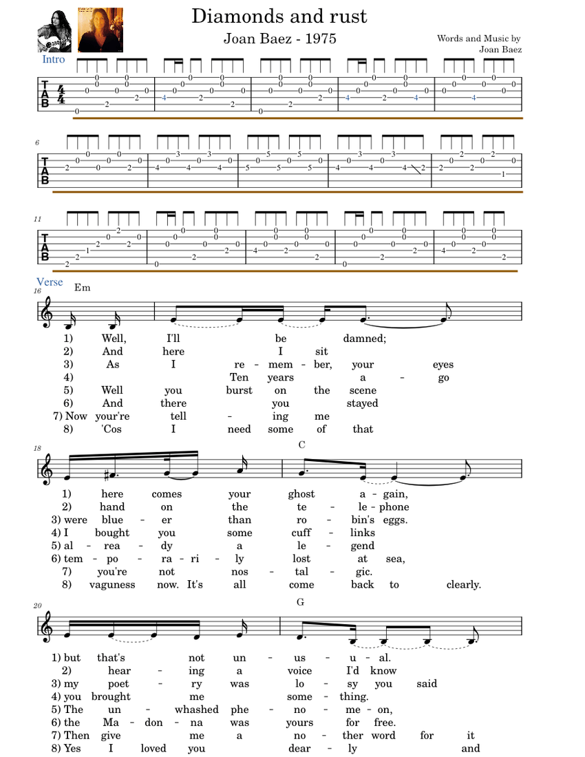 Diamonds and rust – Joan Baez Sheet Music and Tab with Chords for ...