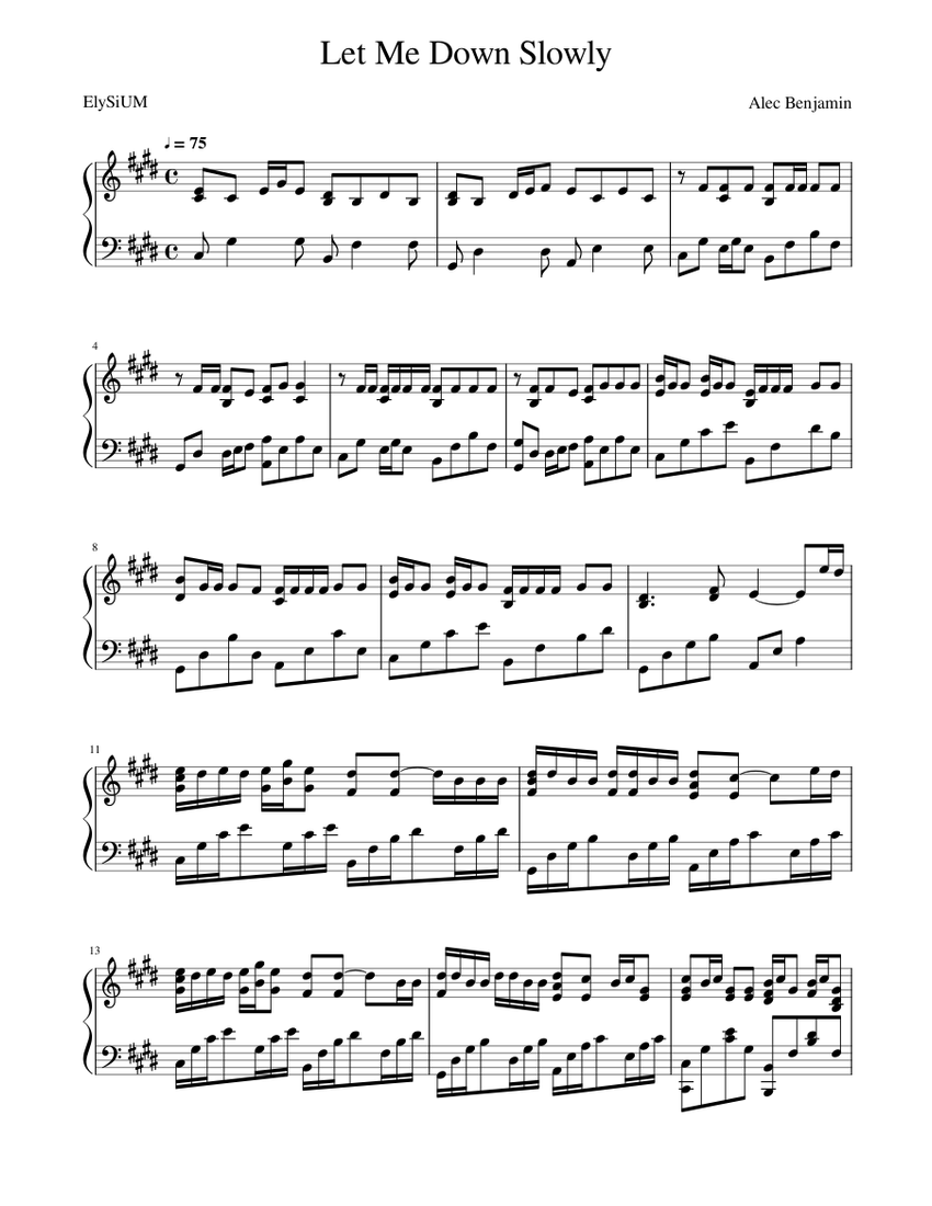 Alec Benjamin - Let Me Down Slowly (ElySiUM piano cover) Sheet Music ...