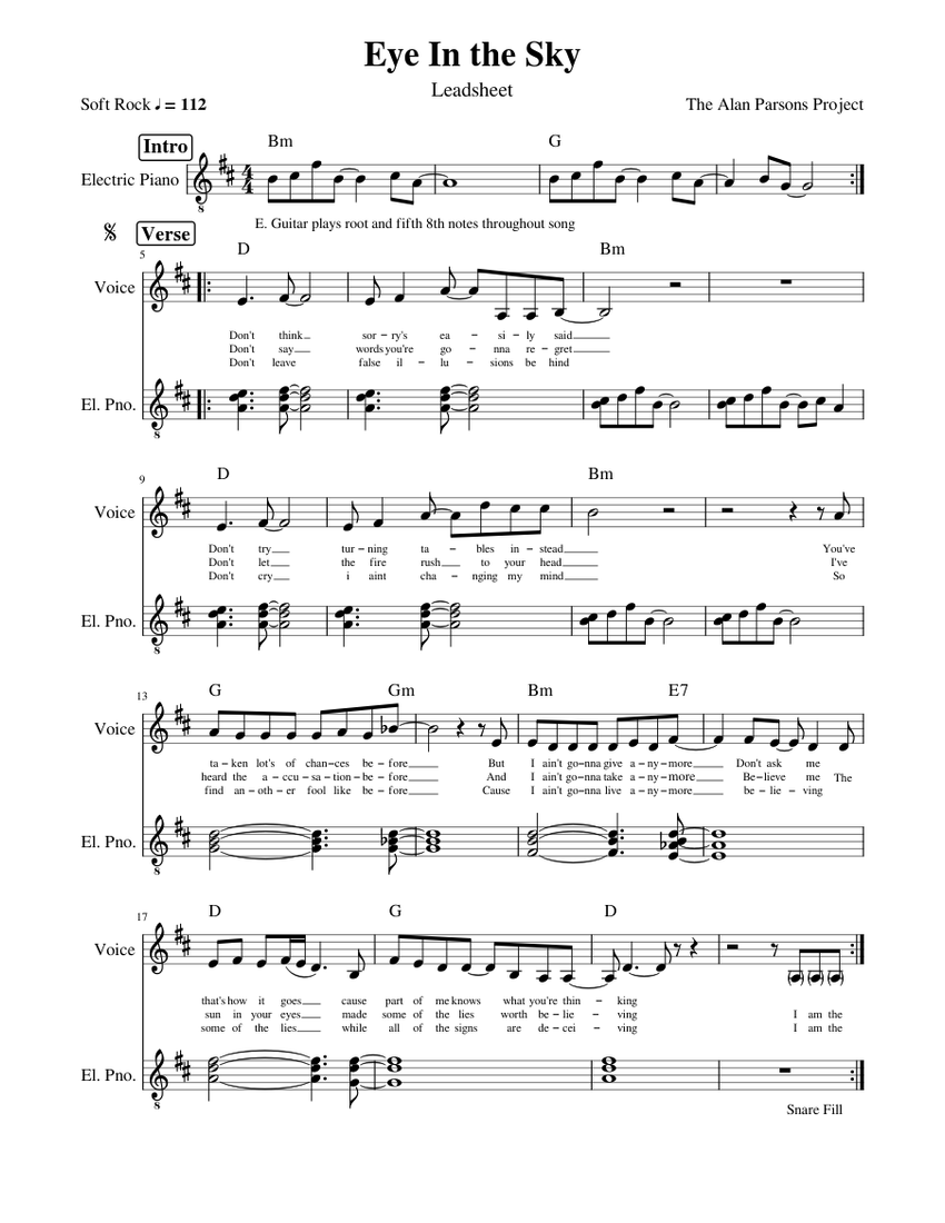 Eye In the Sky Keys and Vocals Sheet Music with Chords for Piano ...